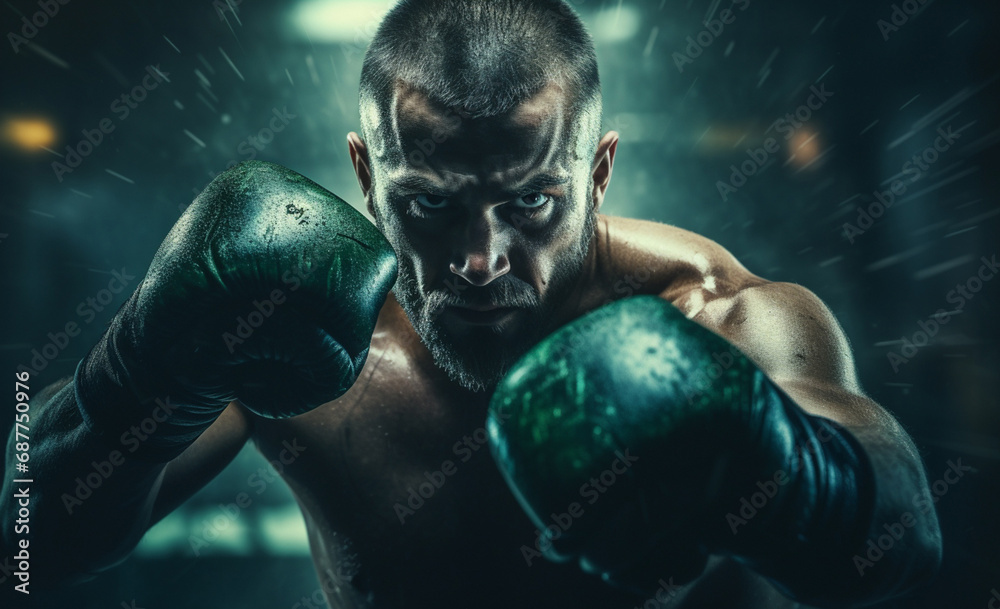 An athlete dons determined expression and green boxing glove, with ...