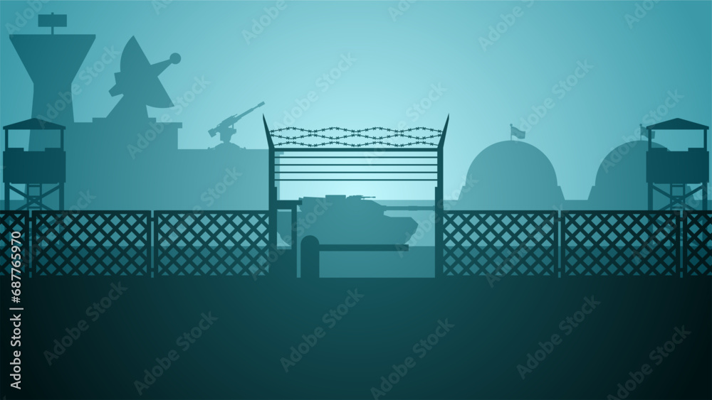 Military base landscape vector illustration. Silhouette of at military ...
