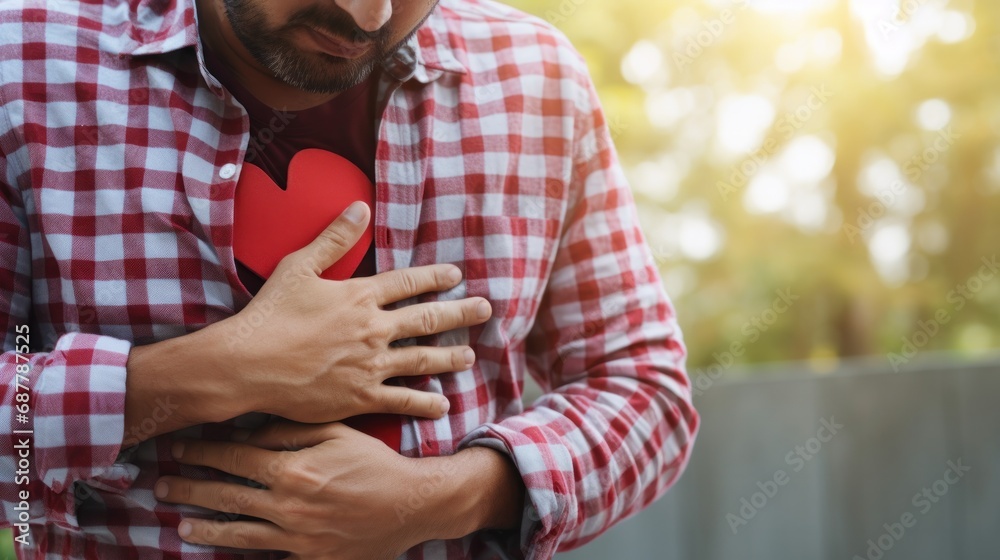 hand hold chest with heart attack symptoms, man have chest pain caused ...