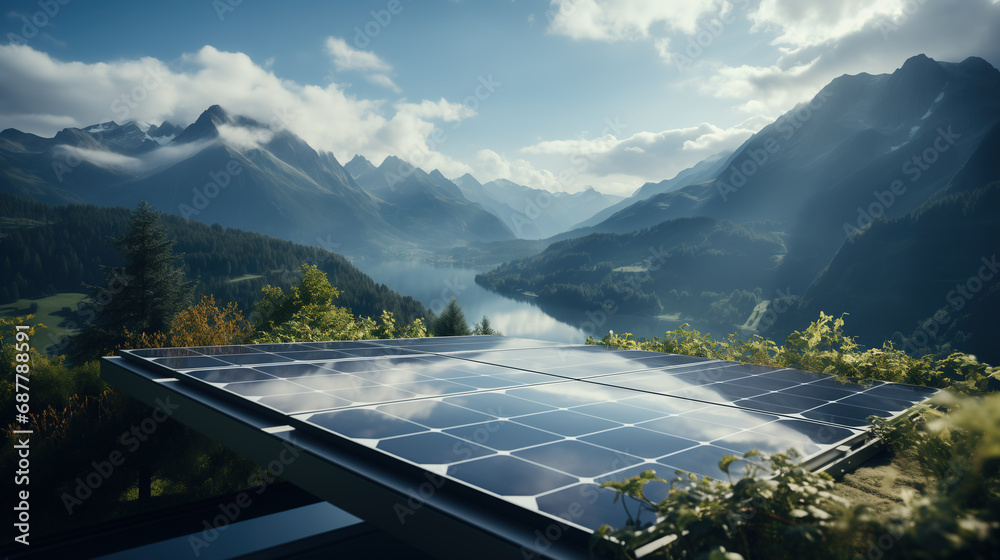 Solar panels installed in a beautiful remote area with mountains and ...