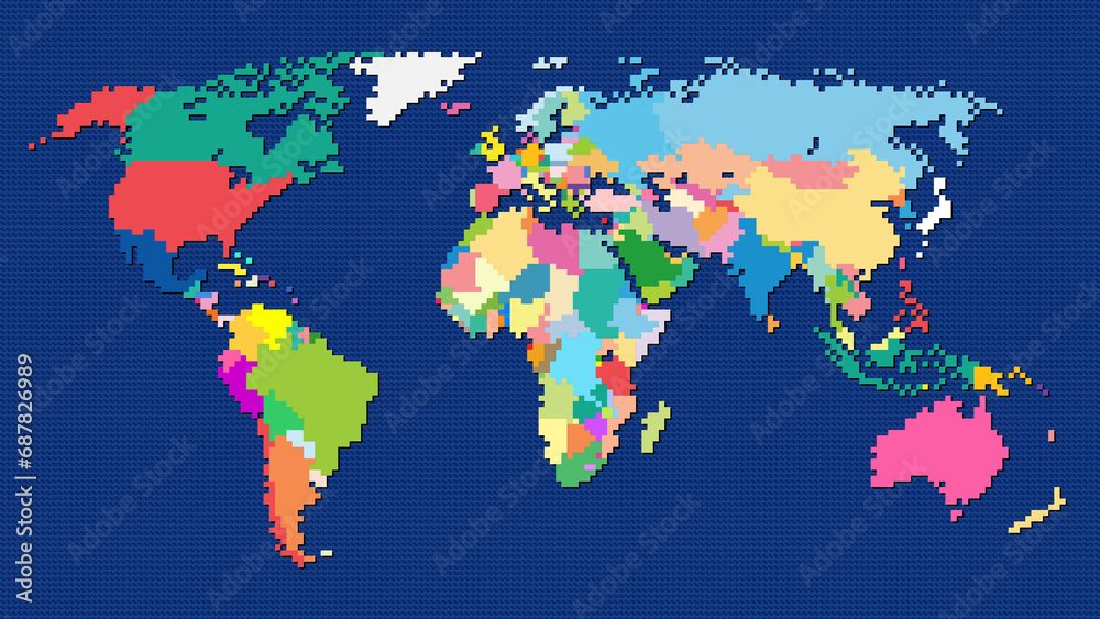 8-bit pixel style Robinson projection world map Stock Illustration ...