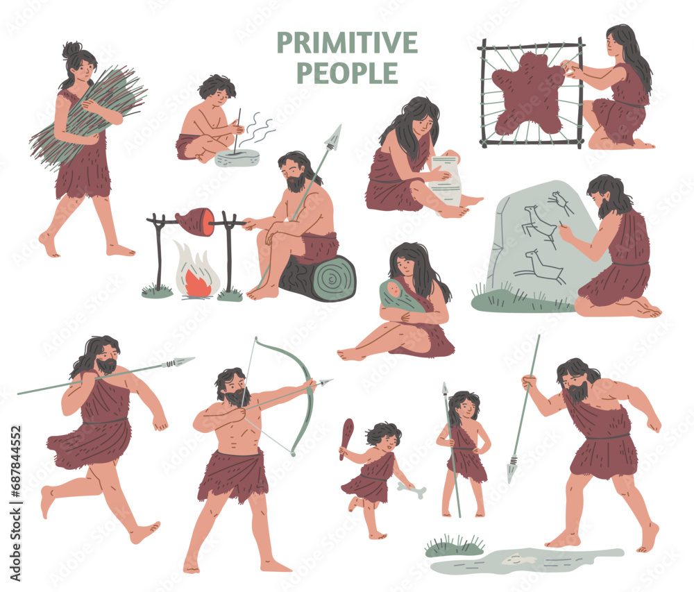 Tribal primitive cave people life, vector hand drawn Stone age ...