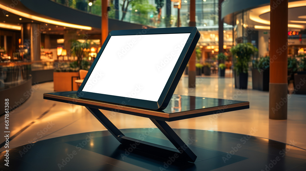 Interactive digital mockup display in a bustling shopping mall corridor ...