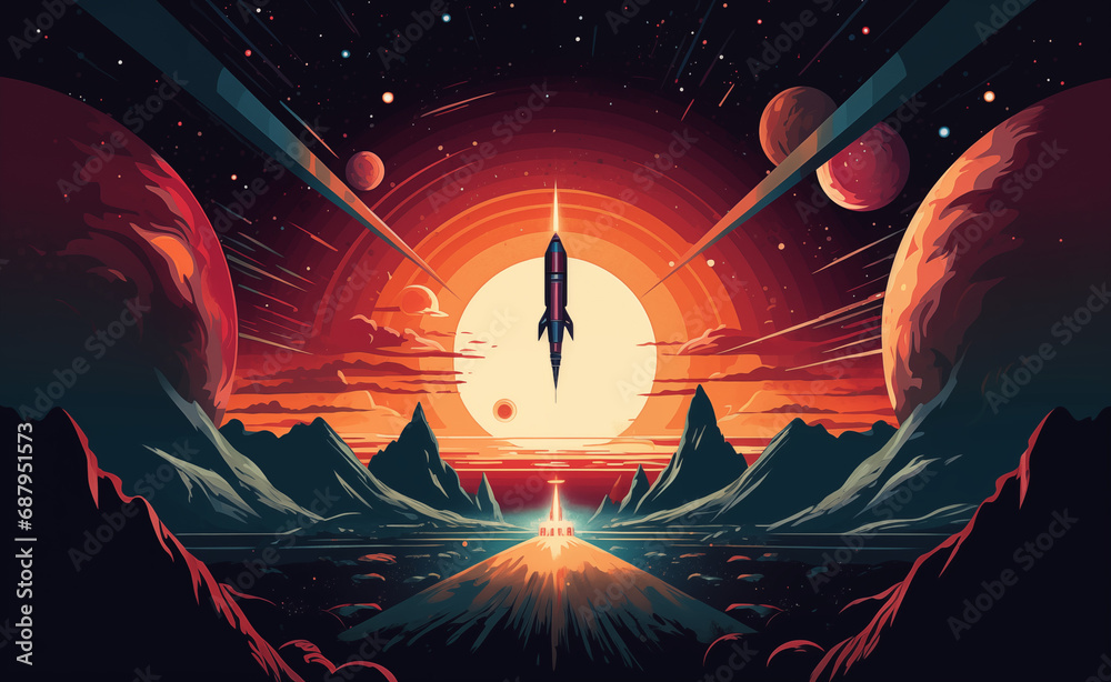 Illustration Stock Retro poster featuring a space rocket flying through ...