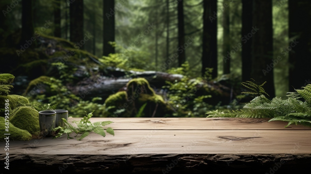 a boreal forest background with an empty rustic wooden table, ideal for ...
