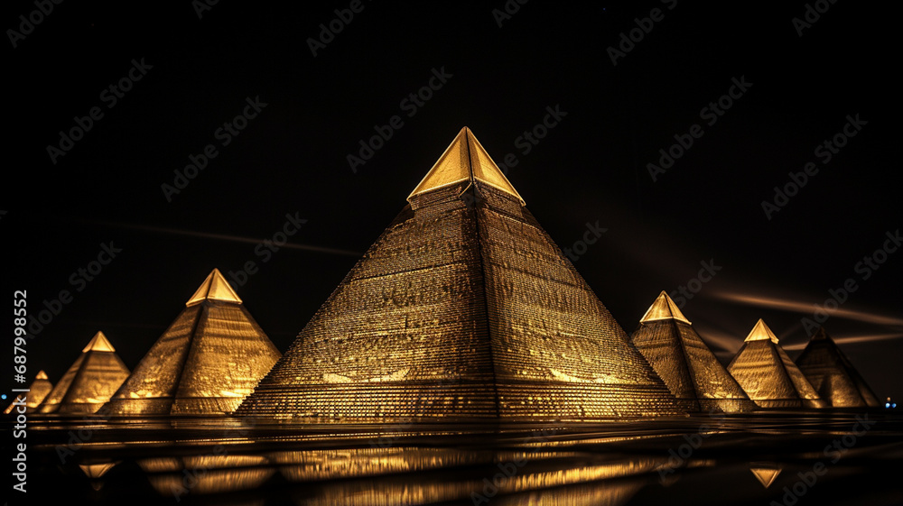 In Ancient Egypt, pyramids are awash in orange light, highlighted by ...