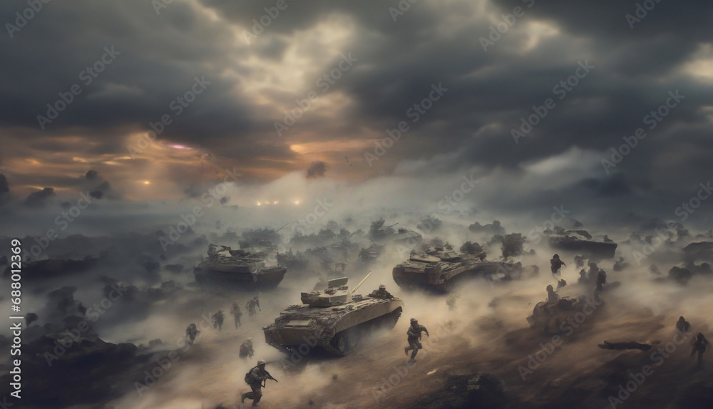 War. Soldiers in battle in a foggy field covered in dust and smoke ...