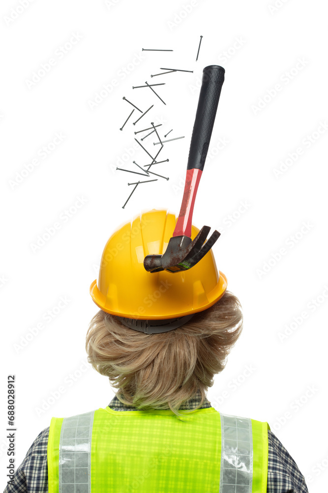 Back view caucasian construction industrial worker wear yellow hard hat ...
