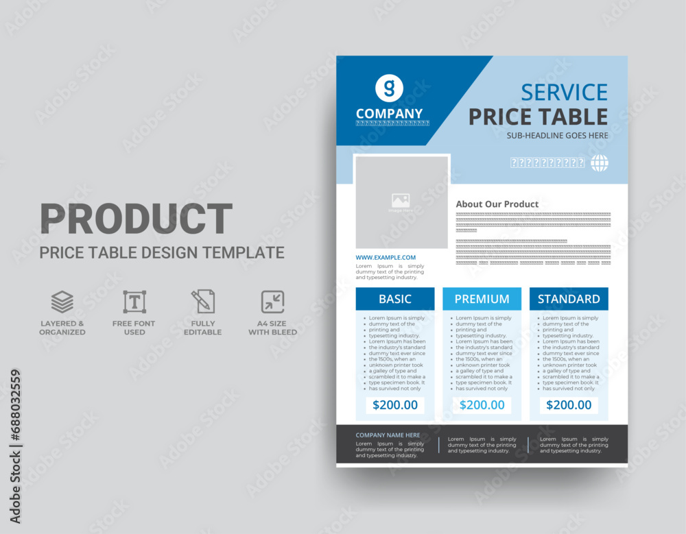 Technical Data Sheet Template Price Table Flyer Design Stock Vector ...