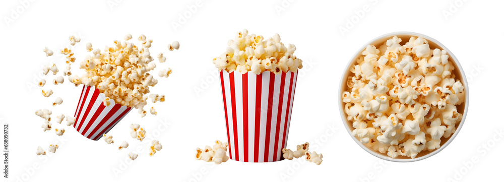 Set featuring top and side view of popcorn bucket with popcorn taking ...