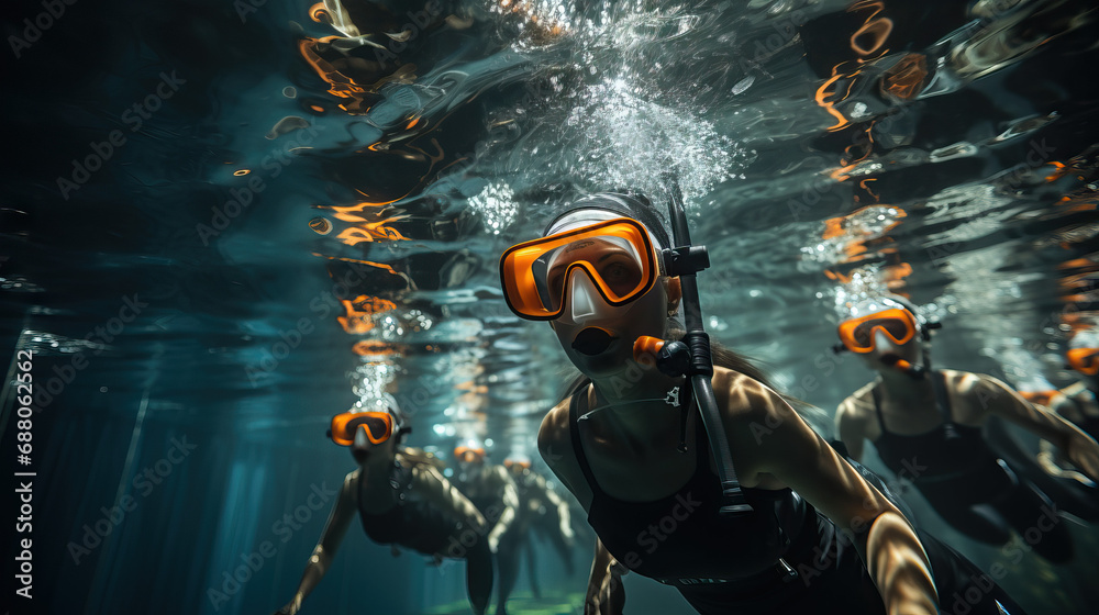 Synchronized swimming team performing balletic moves underwater while ...