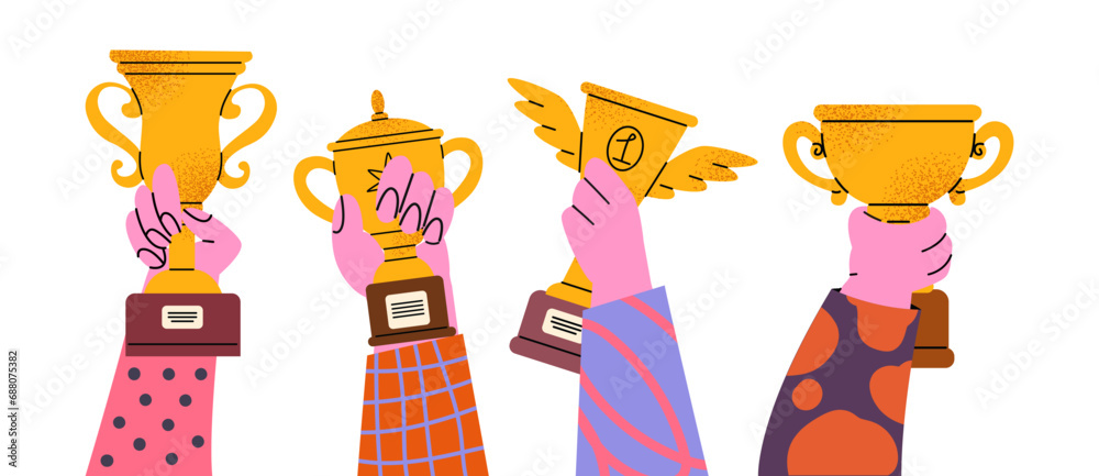 Hands holding gold cups prizes, winner award in retro cartoon 90s style ...