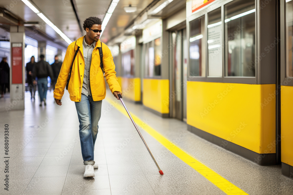 Visually impaired man uses a cane on tactile tiles in a railway station ...