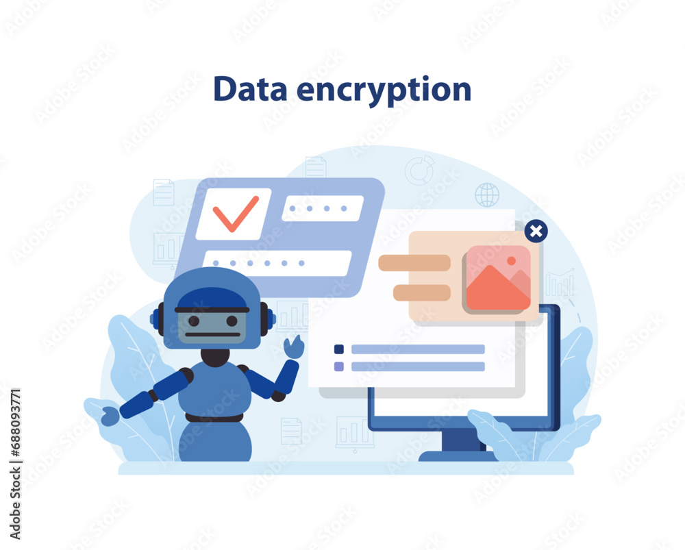 Data encryption concept. Robot presents a monitor displaying password fields and image error ...