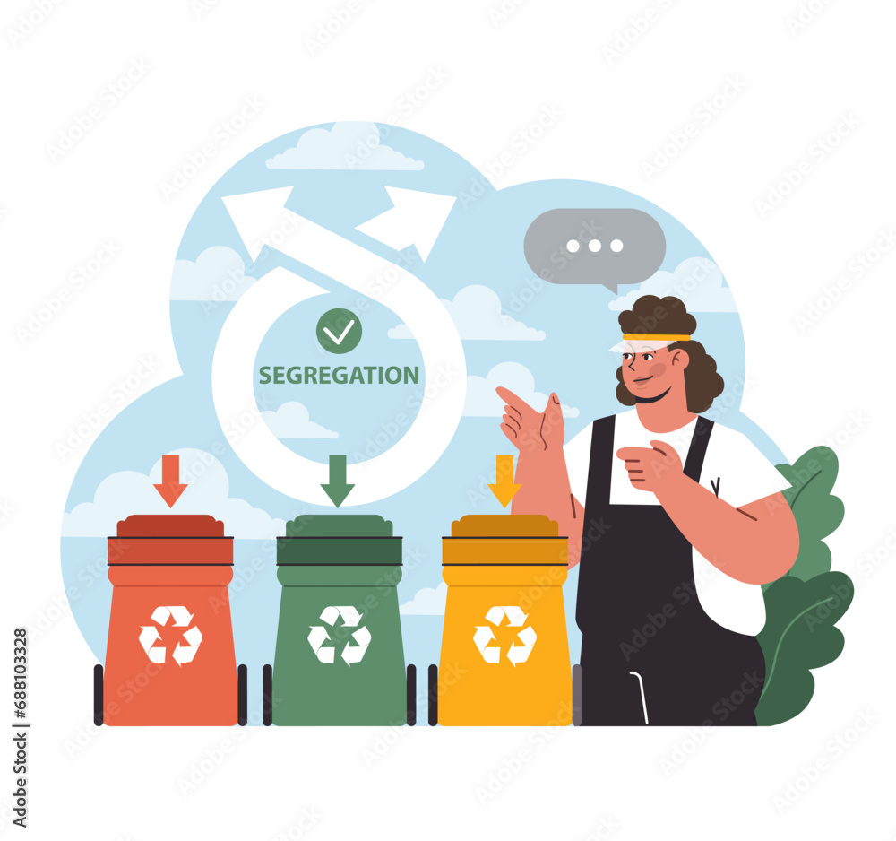 Worker guiding waste segregation. Color-coded bins for recycling ...