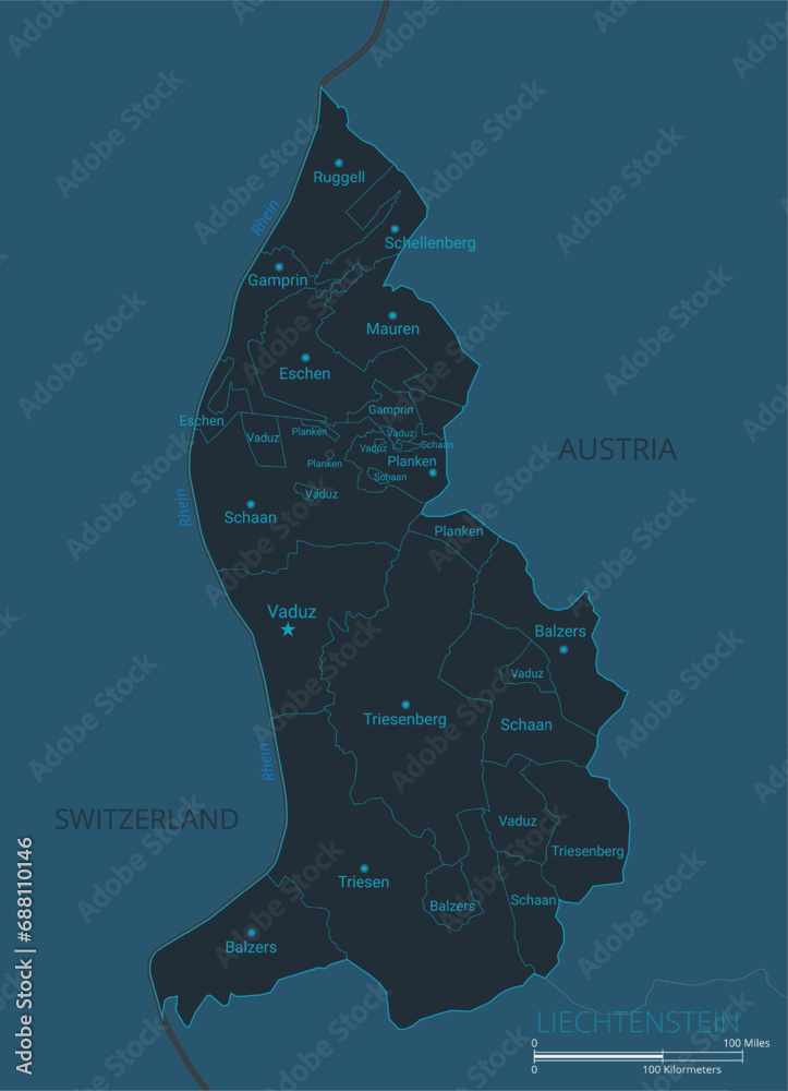 Liechtenstein map. High detailed map of Liechtenstein with countries, borders, cities, water ...
