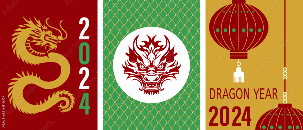 Chinese dragon poster set. Symbol of Chinese new year. Dragon zodiac ...