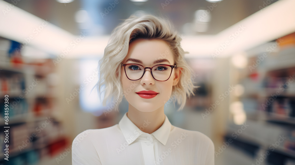 Стокова ілюстрація Pharmacist woman in a bright light white pharmacy ...