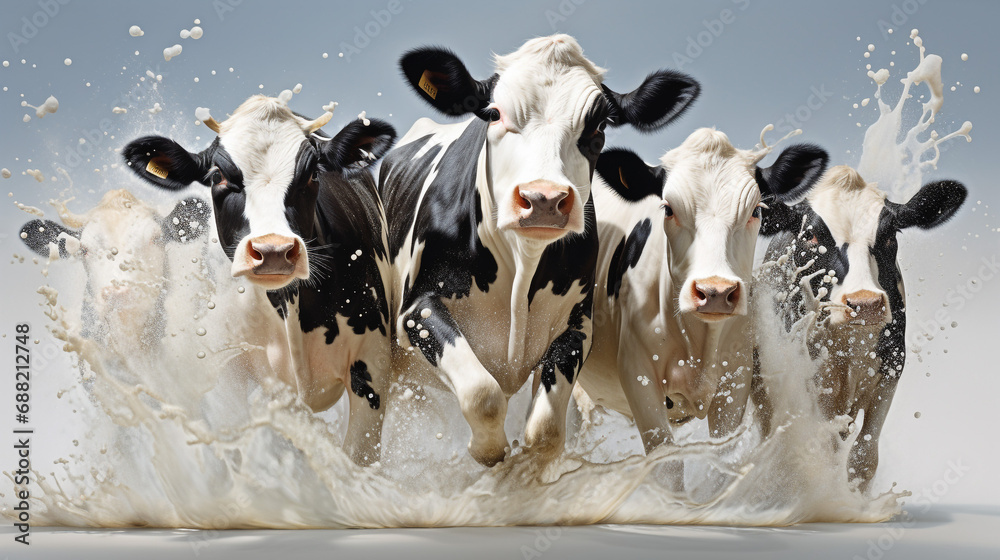 Splashes of milk fly on a milky white poster with the image of cows and ...