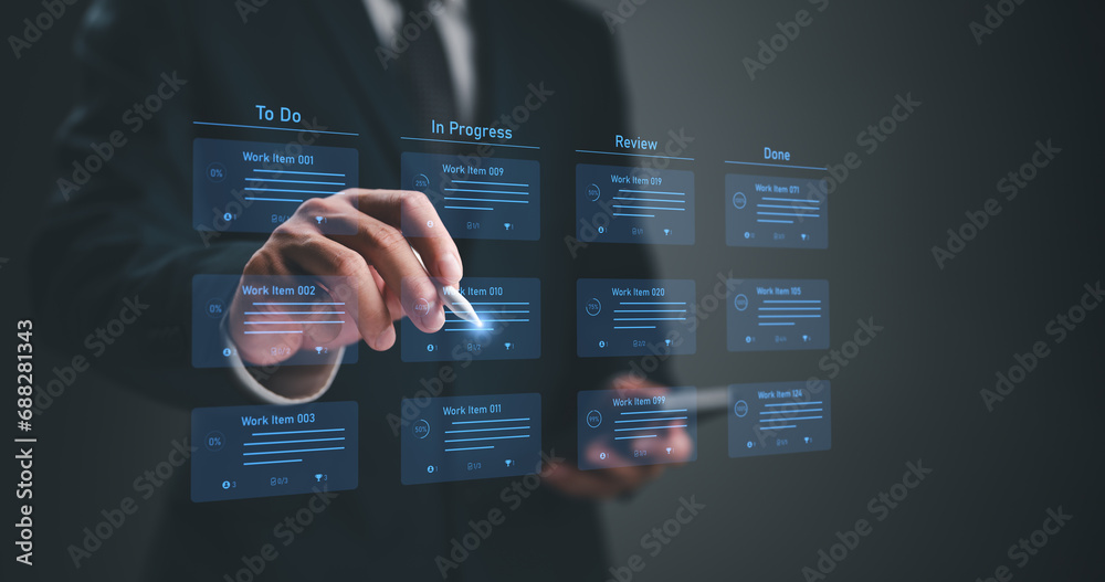 Agile software development or project management using kanban or scrum methodology boards on ...