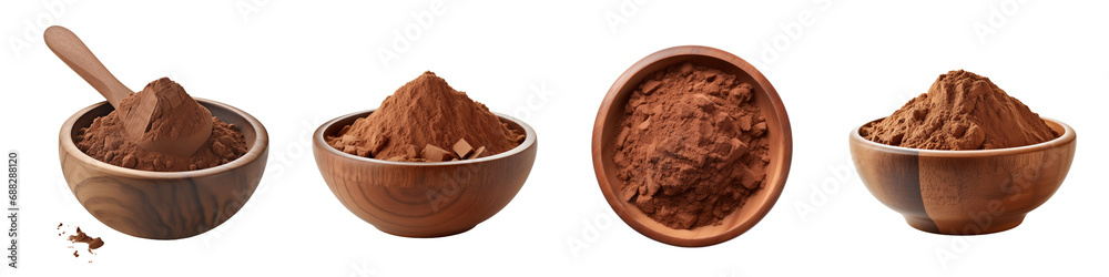 Cocoa powder in wooden bowl with a spoon, top view, front view ...