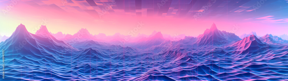 Retro 1990s digital computer graphics landscape, mountains, neon pastel ...