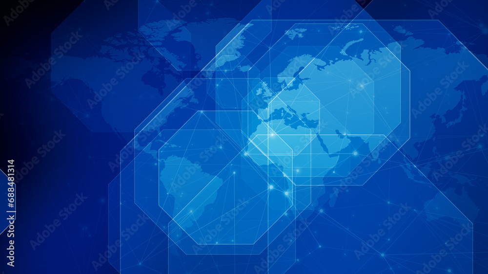 Technology background blue octagons connecting world map in news ...