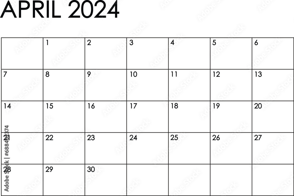 April 2024 month calendar. Simple black and white design Stock Vector ...