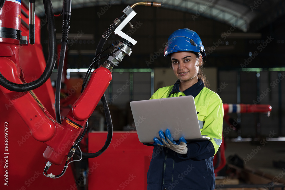 Female engineer inspecting quality and maintenance autonomous robotics ...