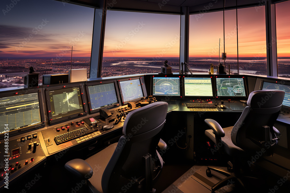 The interior of a busy air traffic control tower, equipped with radar ...