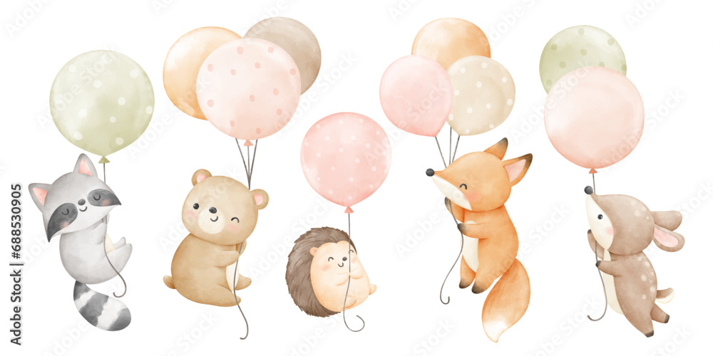 Watercolor forest animal with balloon Nursery kids Birthday Baby shower ...