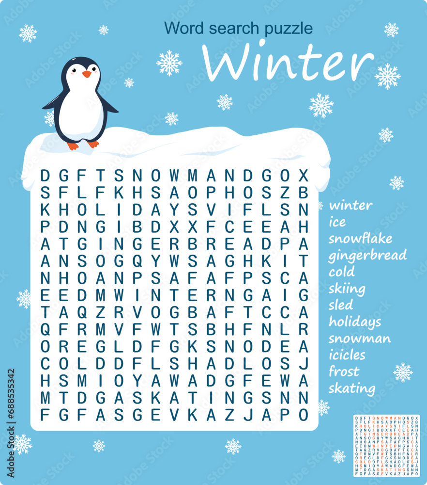 Winter word search puzzle. Game for learning English. With a solution ...