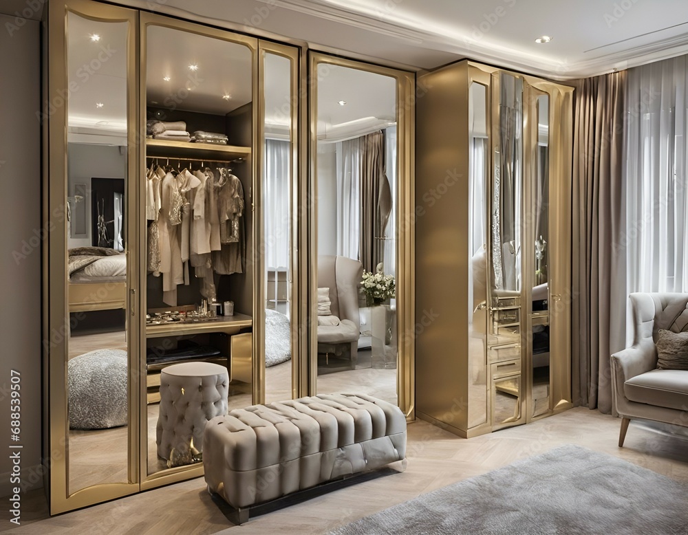 Elegant Walk-In Wardrobe Interior 3D Visualization Featuring Wooden ...