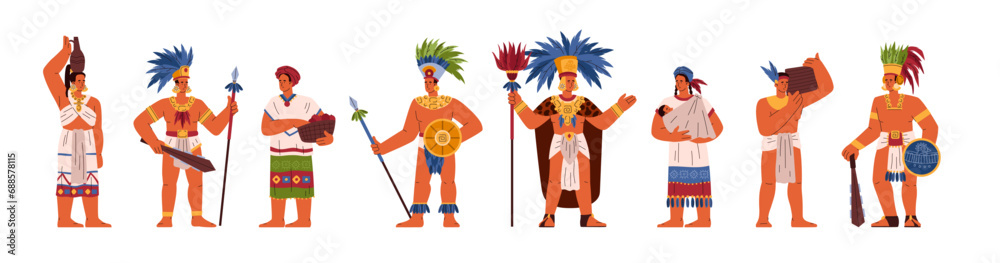 Maya tribal leader, warrior with weapon and locals women in traditional ...