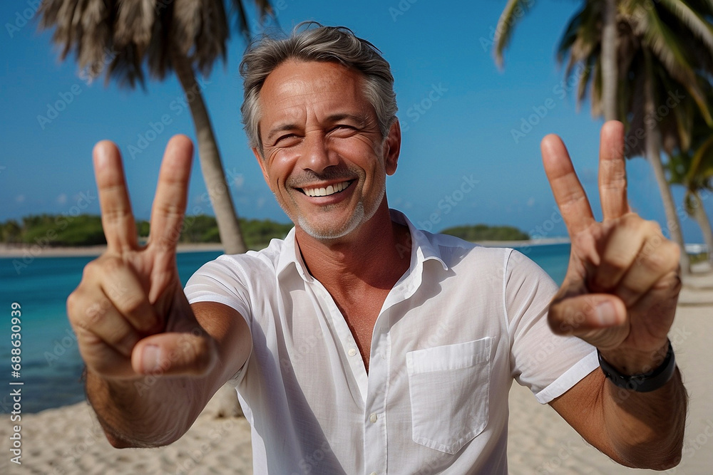 handsome middle aged man standing on a Caribbean beach with palm trees ...