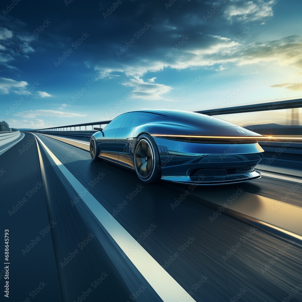 From behind, observe a high-speed blue business car skillfully ...