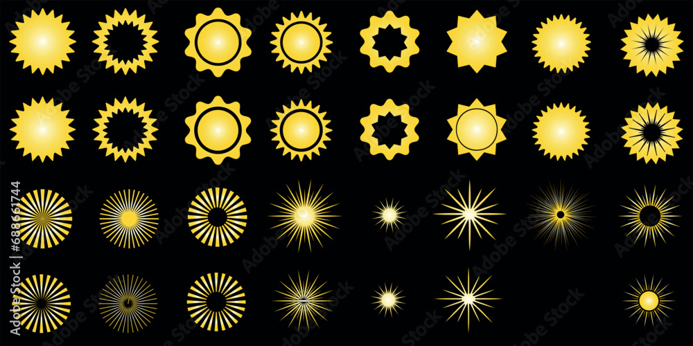 Sunburst vector illustration set, vibrant yellow, gold colors. Modern ...