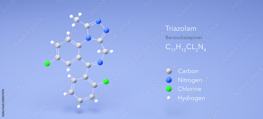triazolam molecule, molecular structures, benzodiazepines, 3d model ...