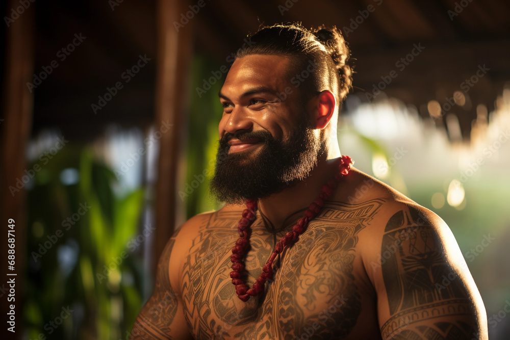 Patriarchal portrait in a traditional Samoan fale, tribal tattoos ...