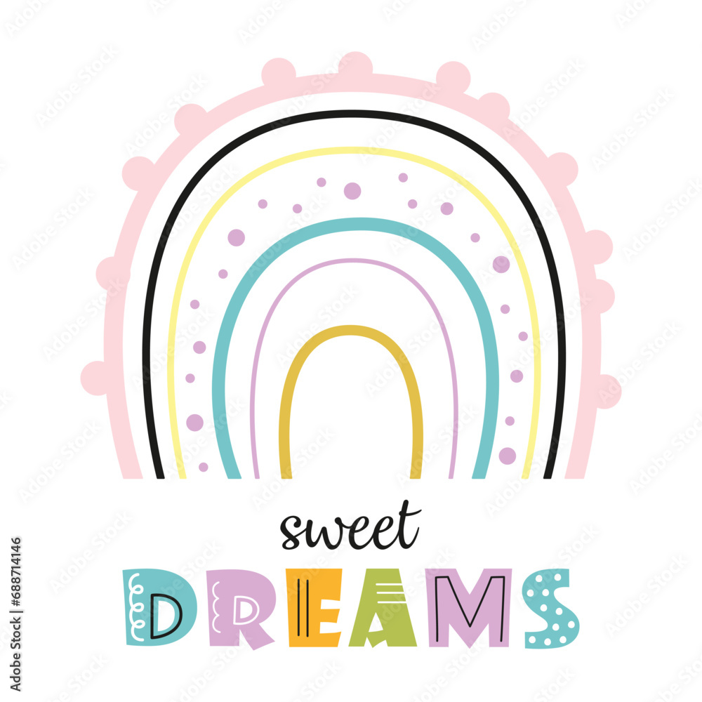 colorful rainbow with lettering isolated on white background, printable ...