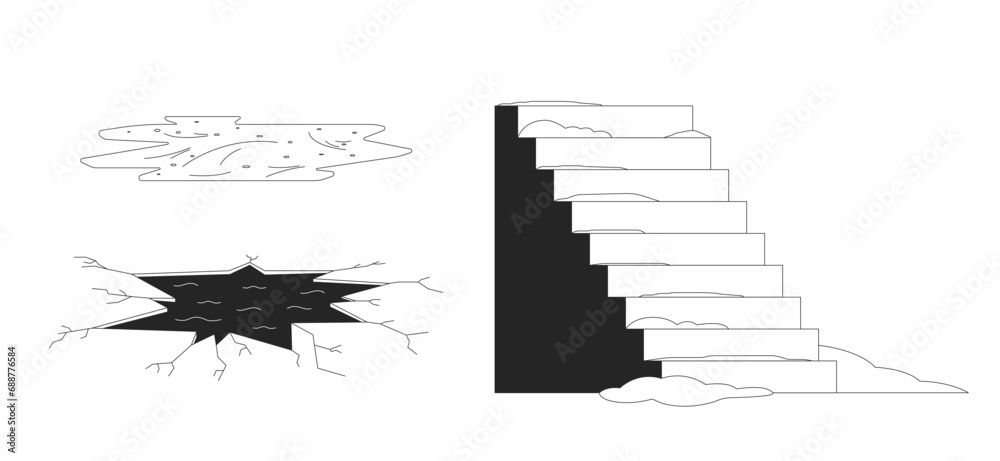 Outdoor winter weather hazards black and white 2D line cartoon objects ...
