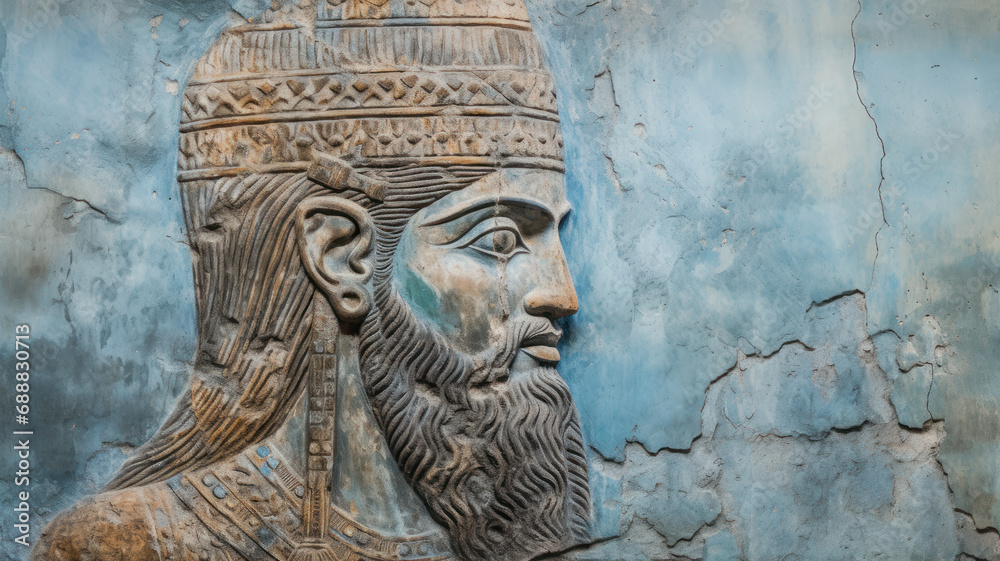 Sumerian wall art background, bearded king face painted on damaged ...