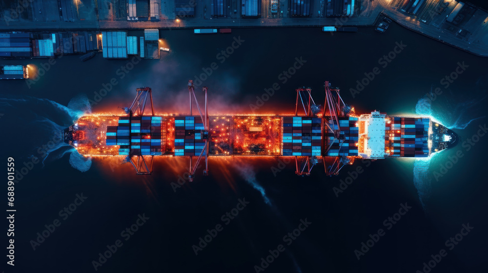 Container ship unloading in deep sea port, Aerial business commercial ...