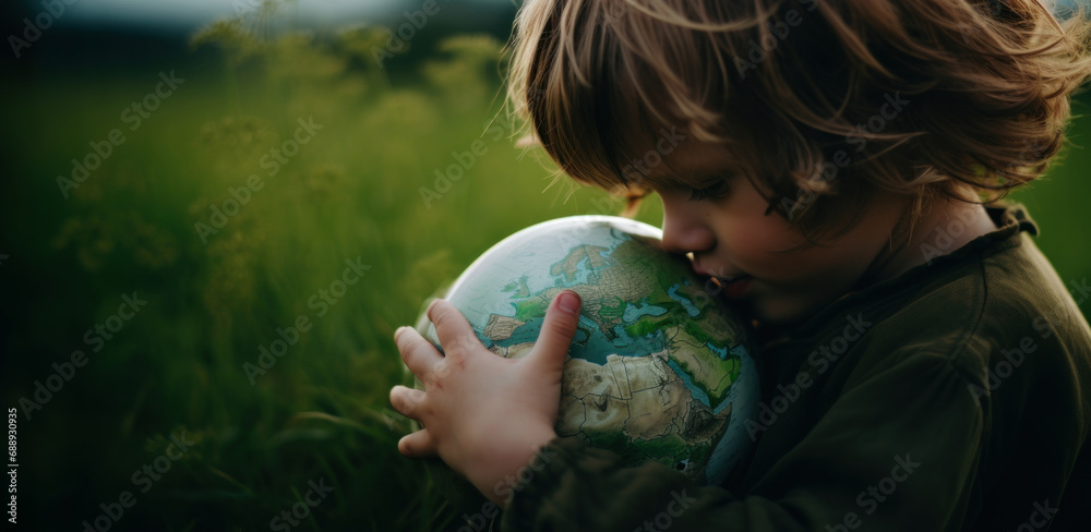 Child holding earth, Environment friendly. Saving the world from ...