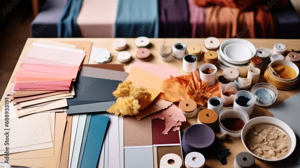 An eclectic and messy assortment of fabric swatches, Paint chips and ...