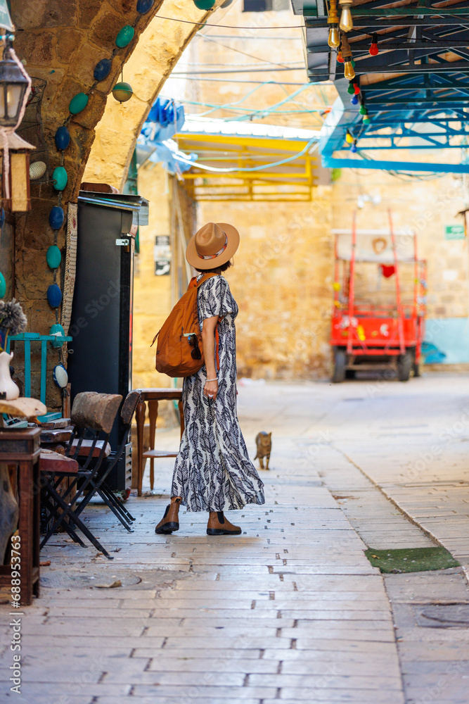 Beautiful traveler girl wearing a hat and backpack exploring the ...