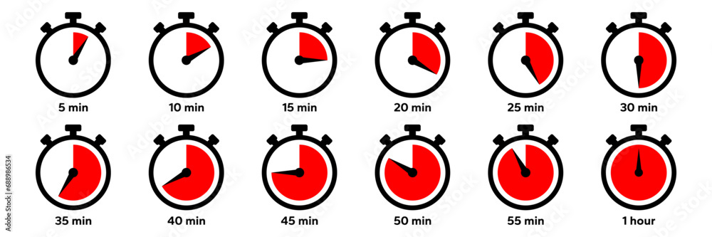 Timer and stopwatch icons. Time clock, Label cooking time. Vector ...