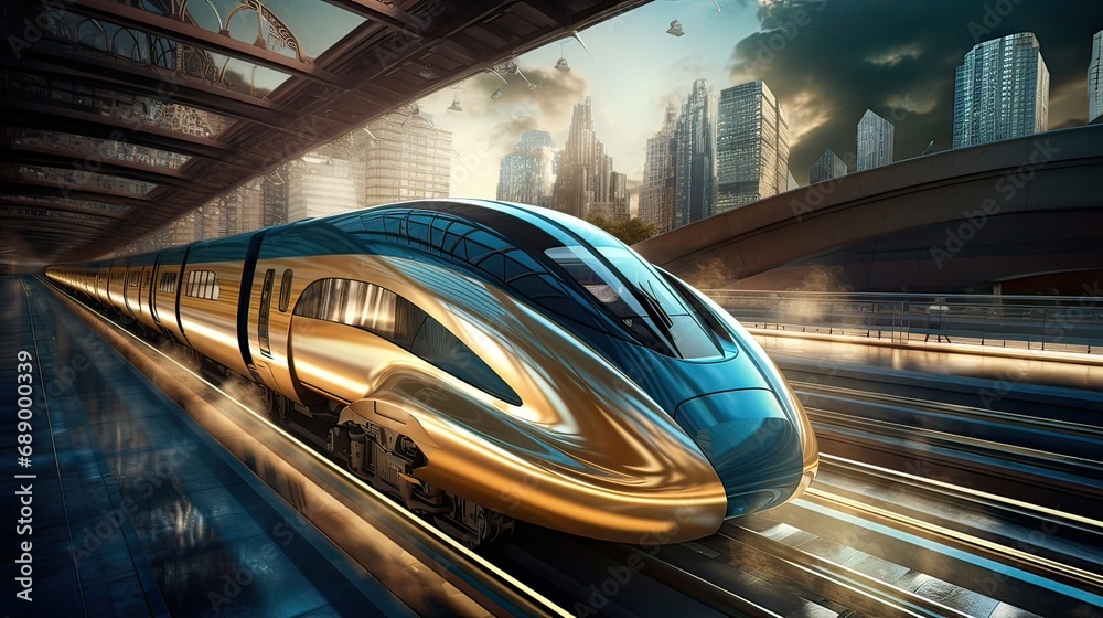 A futuristic high-speed train swiftly moves along the tracks ...