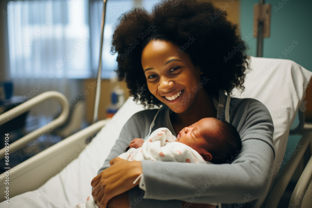 Beautiful young mother holding her newborn in maternity ward after ...