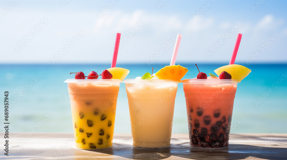 Variety of homemade bubble tea with tapioca pearls. Lime, mango ...